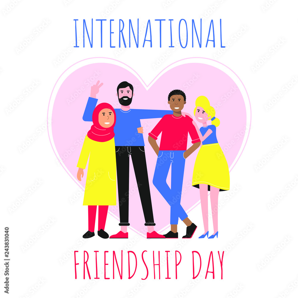 Happy friends from all around the world hugging, happy international ...