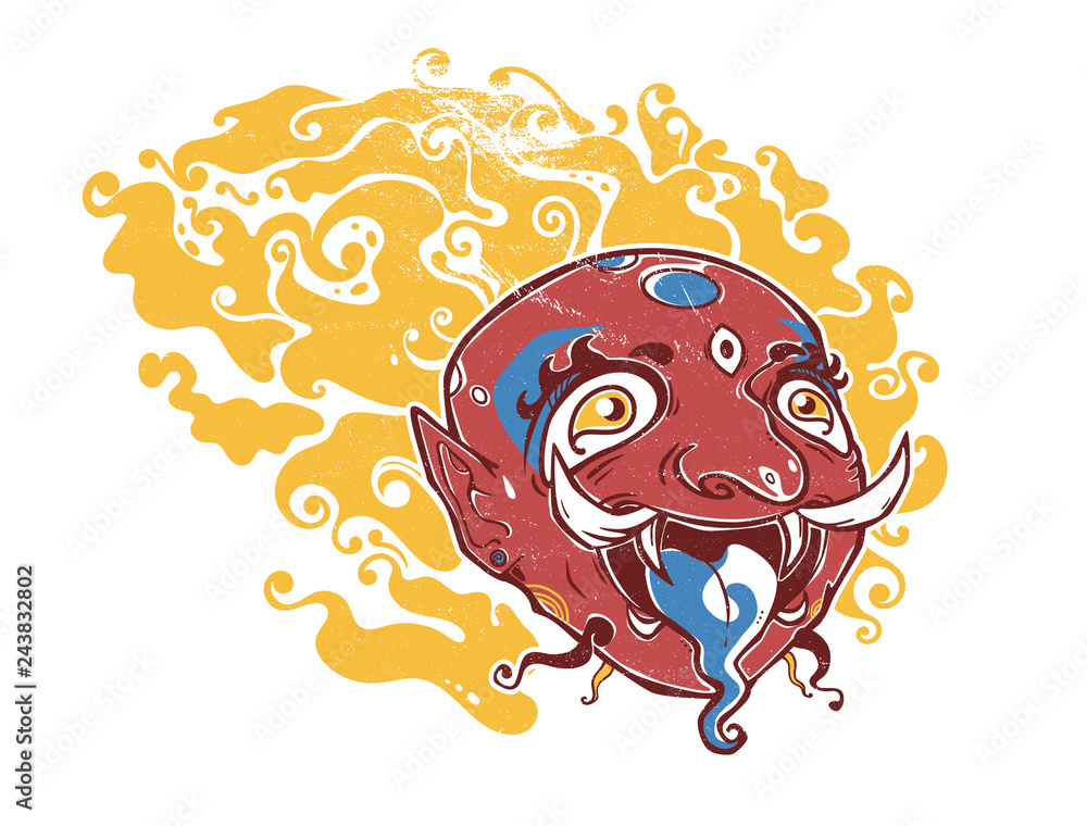 Chinese style demon. Fantasy character. The face of god with fire and ...