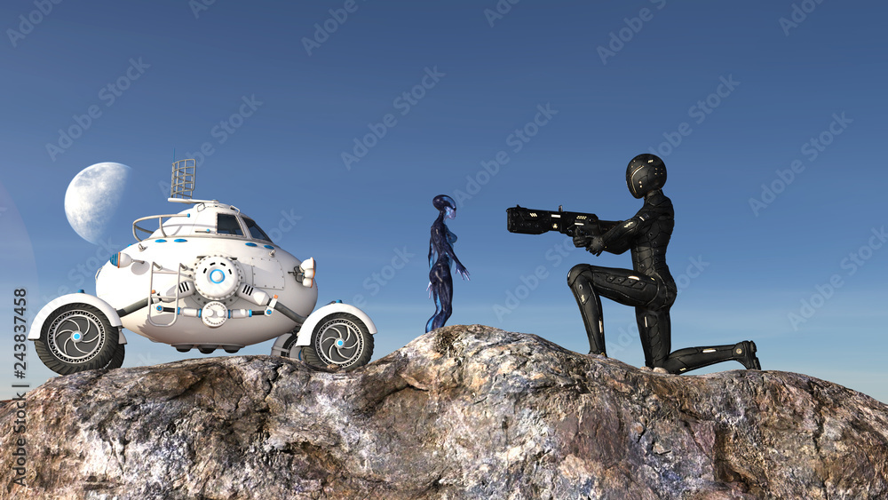 Illustration of a futuristic female soldier kneeling on a mountaintop ...