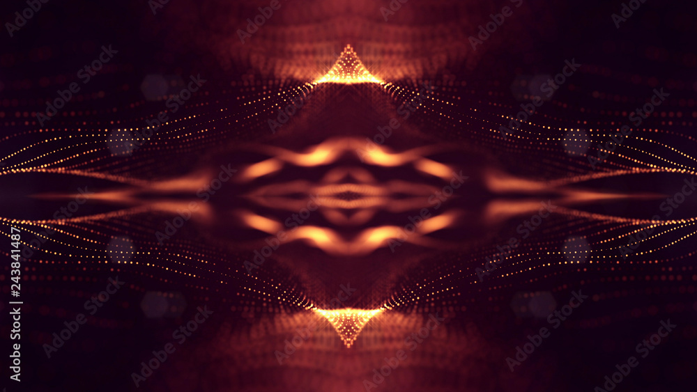 Particles form line and surface grid. 3d rendering. Science fiction ...