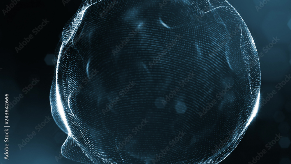 Particles form line and surface grid. 3d rendering. Science fiction ...