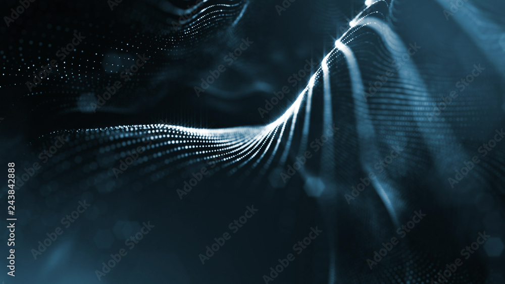 Particles form line and surface grid. 3d rendering. Science fiction background of glowing ...