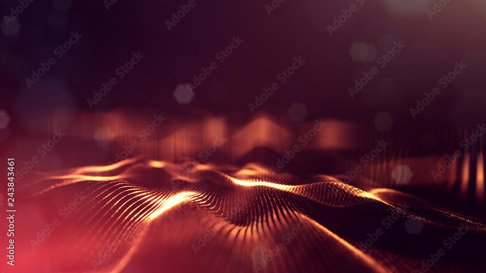 Particles form line and surface grid. 3d rendering. Science fiction ...