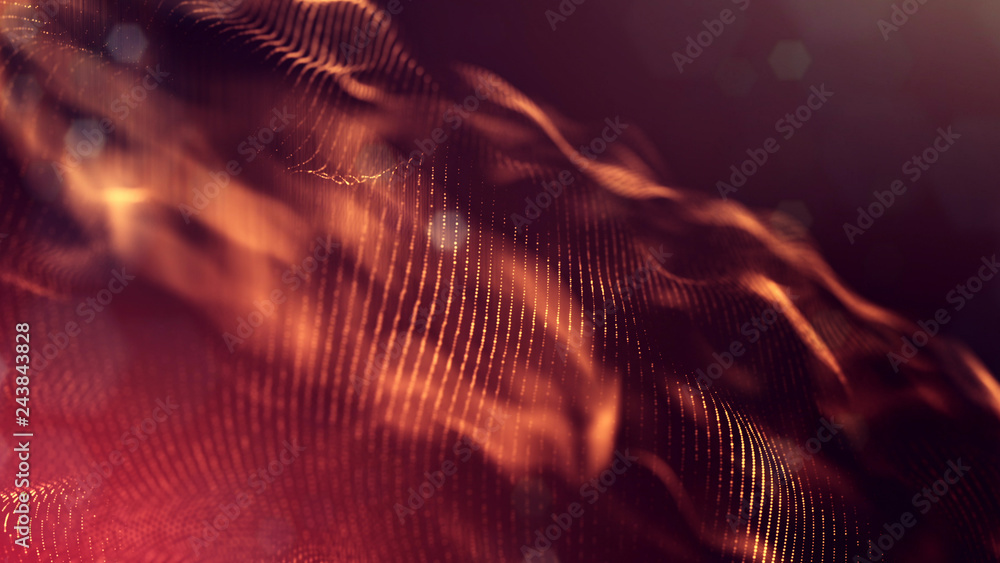 Particles form line and surface grid. 3d rendering. Science fiction ...