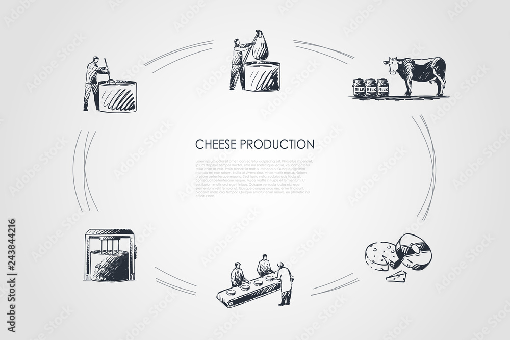 Cheese production - taking milk from cow, boiling milk, mixing ...