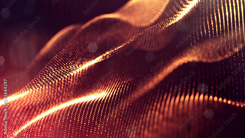 Particles form line and surface grid. 3d rendering. Science fiction ...