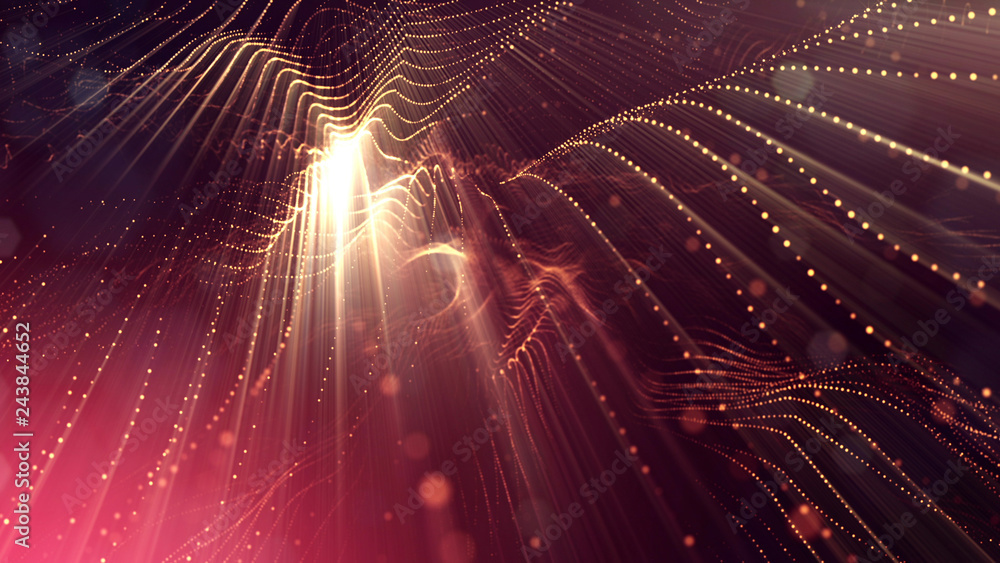 Particles form line and surface grid. 3d rendering. Science fiction ...