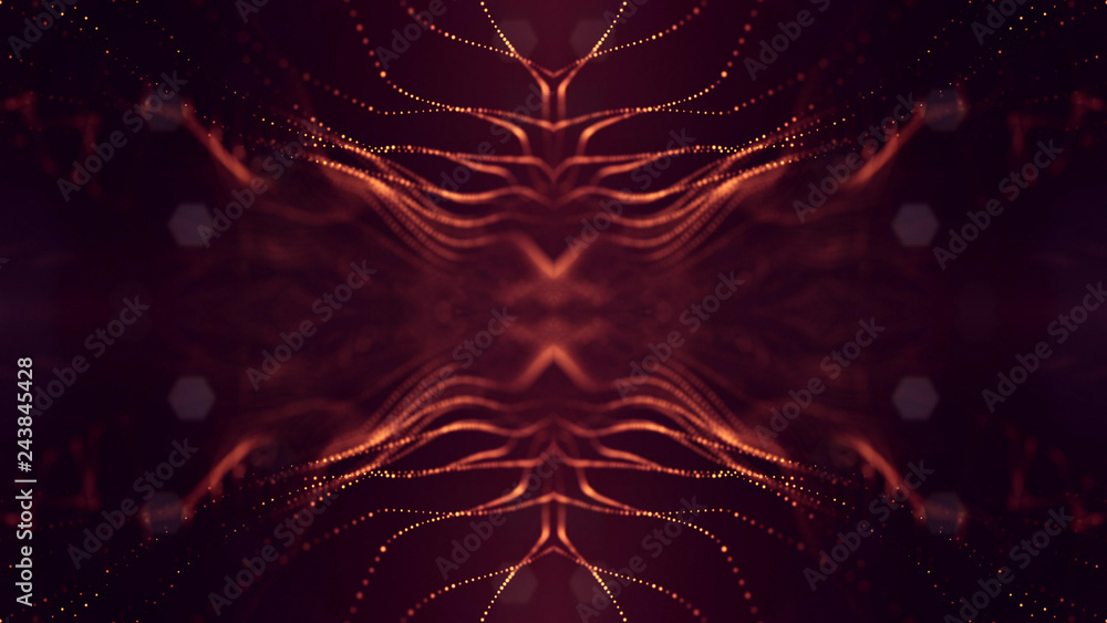 Particles form line and surface grid. 3d rendering. Science fiction ...