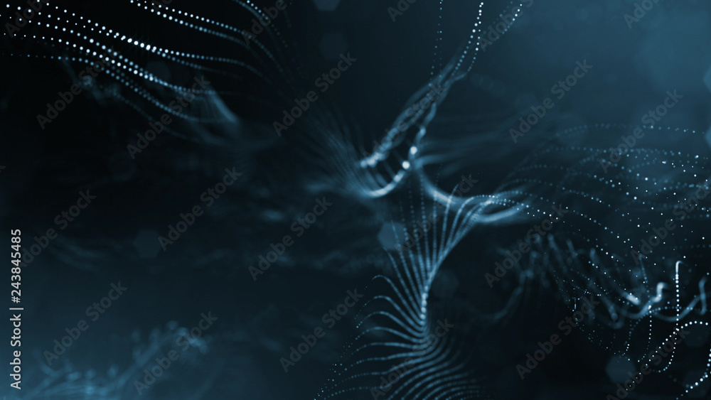 Particles form line and surface grid. 3d rendering. Science fiction ...