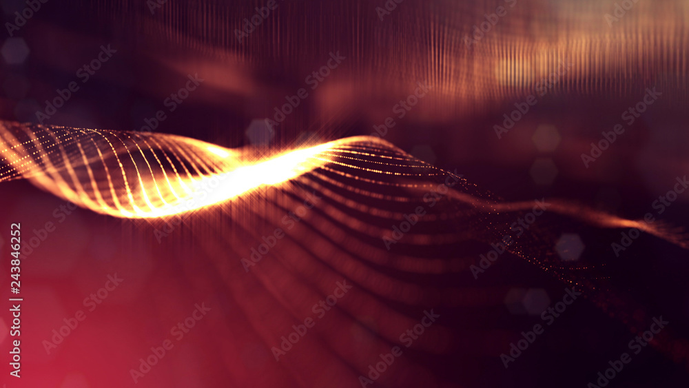 Particles form line and surface grid. 3d rendering. Science fiction ...