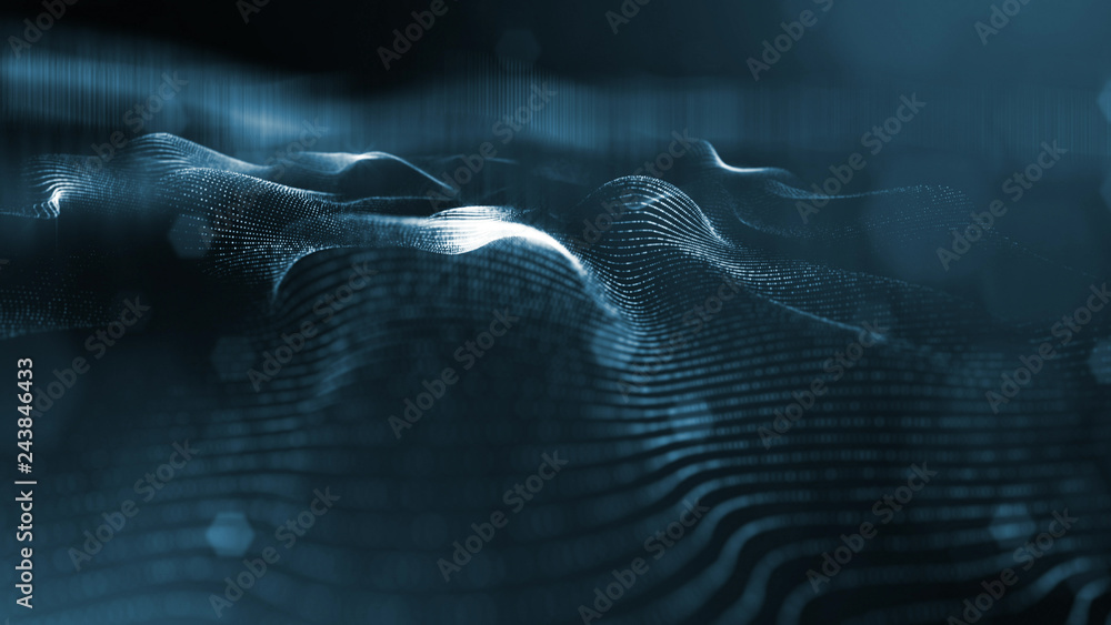 Particles form line and surface grid. 3d rendering. Science fiction ...