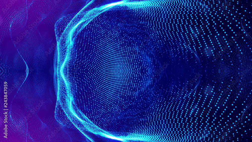 Particles form line and surface grid. 3d rendering. Science fiction ...