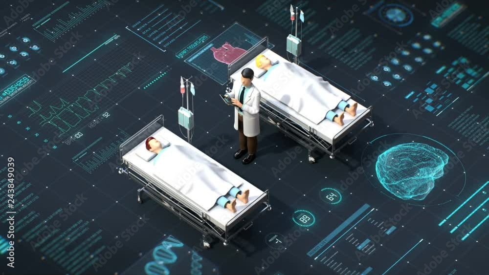 Doctor treating patients in the hospital room with user interface ...
