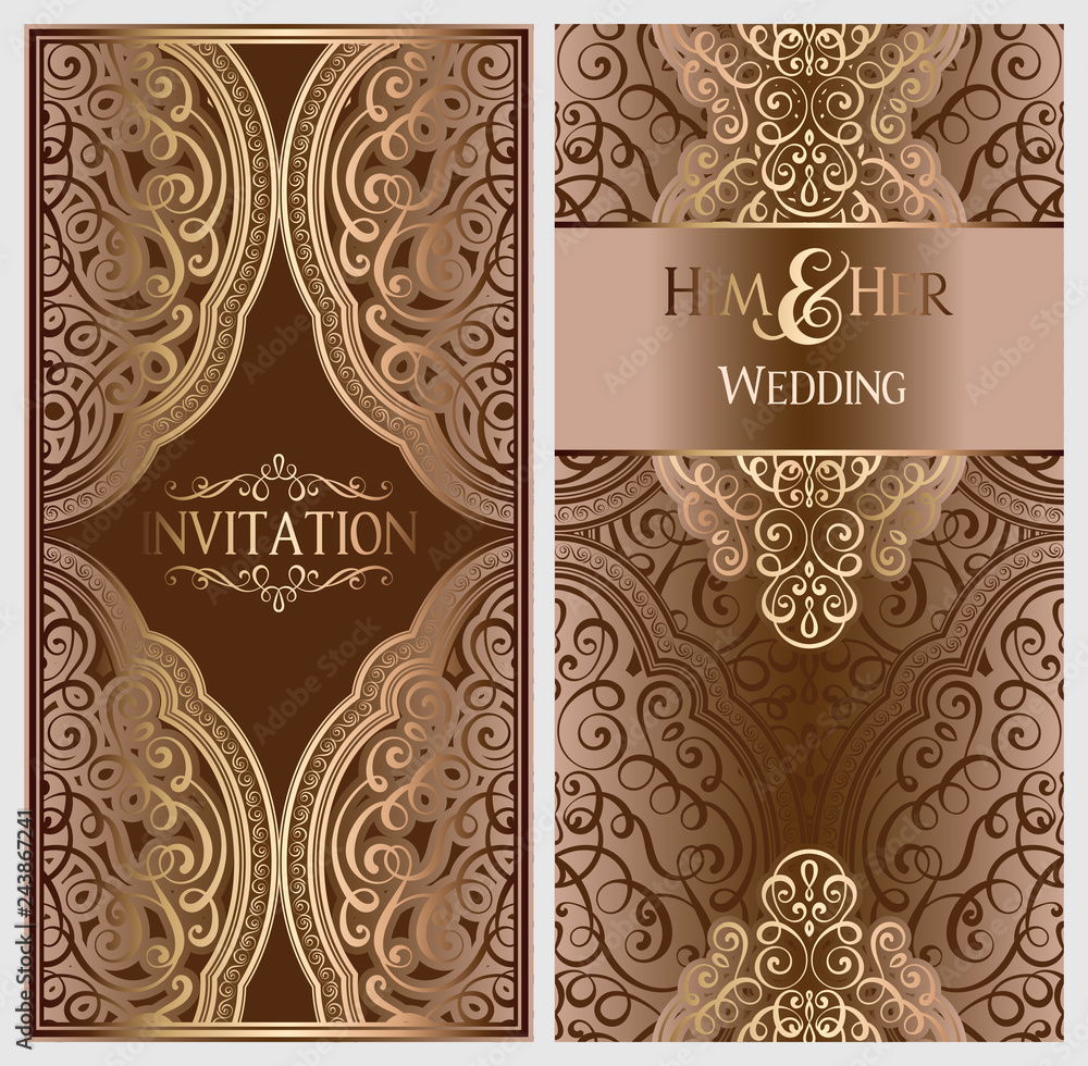 Beige and gold luxury wedding invitation card with golden shiny eastern ...