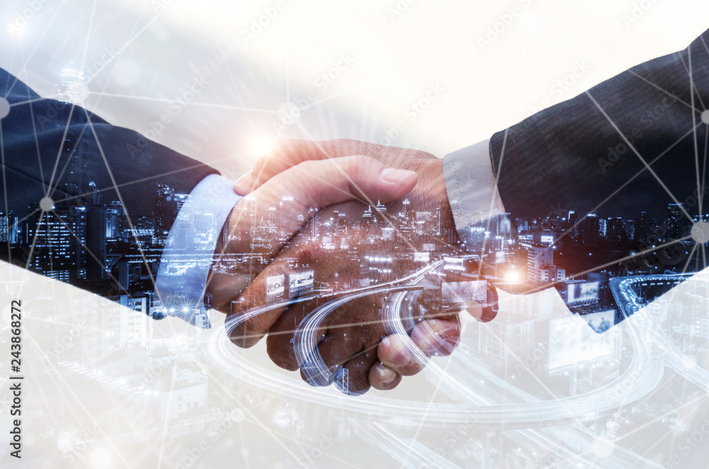 business people handshaking on abstract city background with global ...