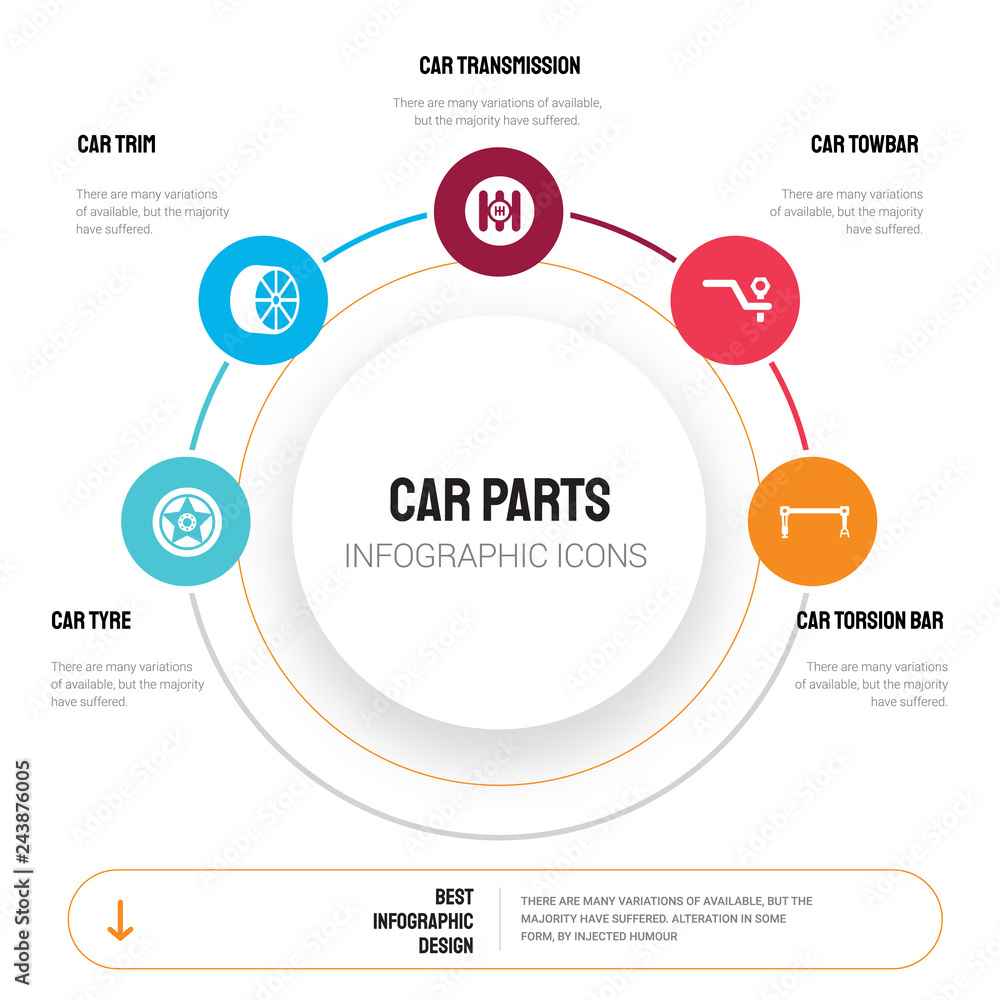 Abstract infographics of car parts template. tyre, trim, transmission ...