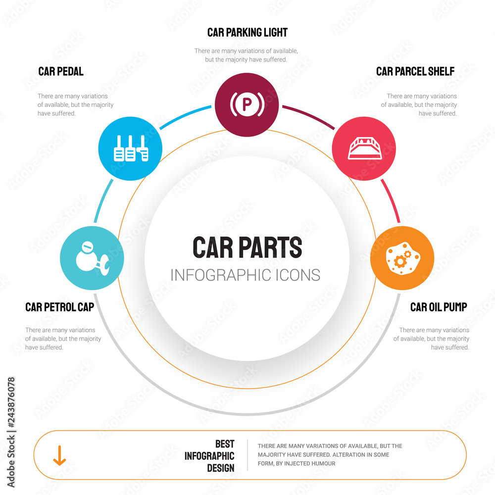 Abstract infographics of car parts template. petrol cap, pedal, parking ...
