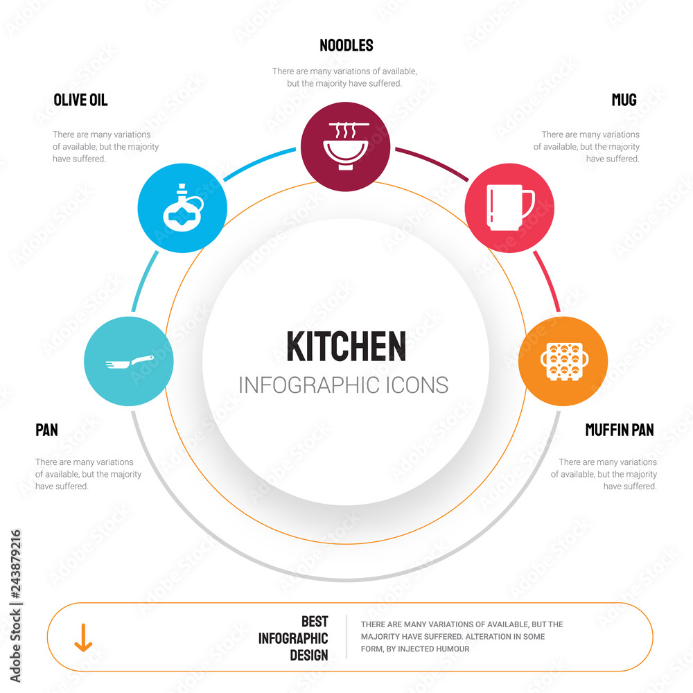 Abstract infographics of kitchen template. Pan, Olive oil, Noodles, mug ...