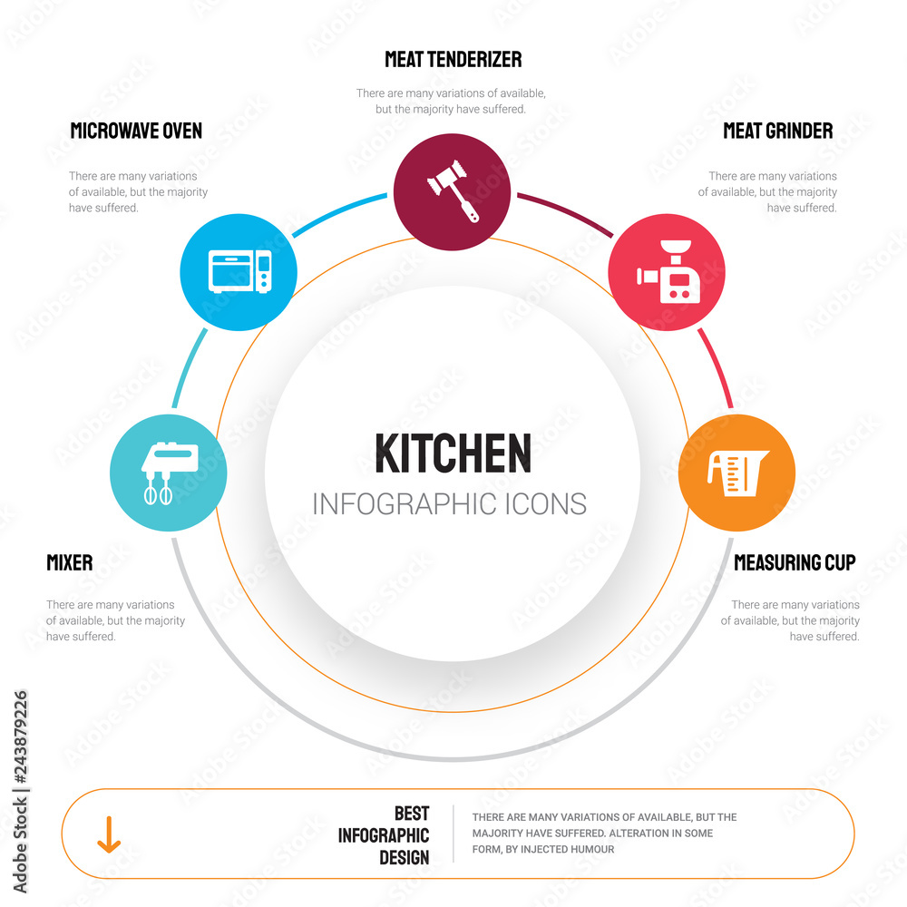 Abstract infographics of kitchen template. Mixer, Microwave oven, meat ...