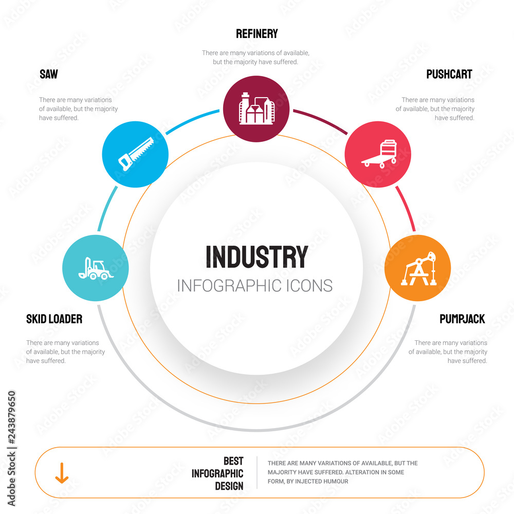 Abstract infographics of industry template. skid loader, Saw, Refinery ...