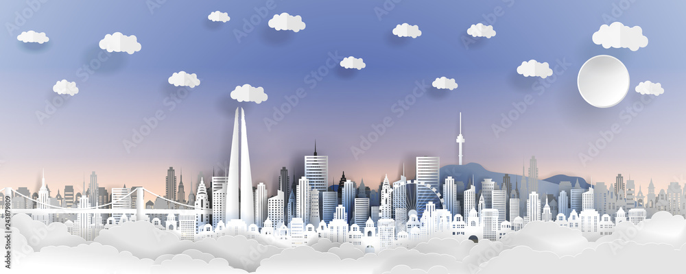 Seoul city concept, Korea. Paper art city on back with buildings ...