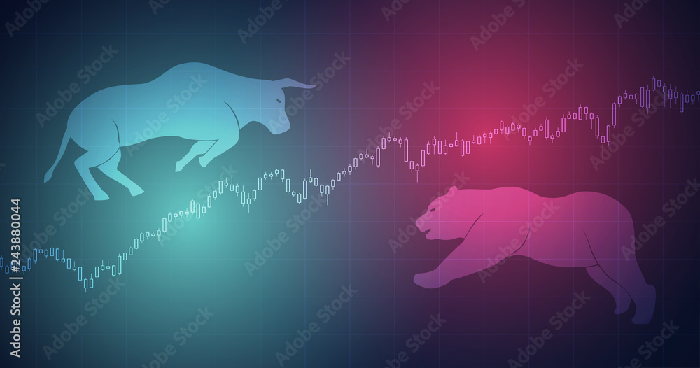 Widescreen Abstract financial chart with bulls and bear in stock market ...