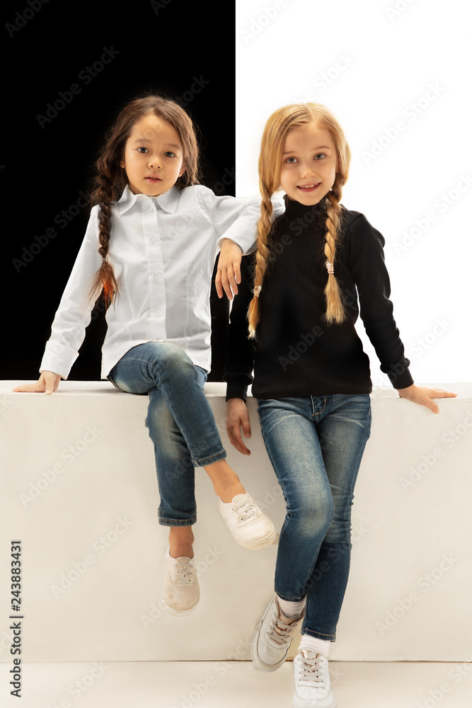 The portrait of two happy girls on a white and black studio background ...
