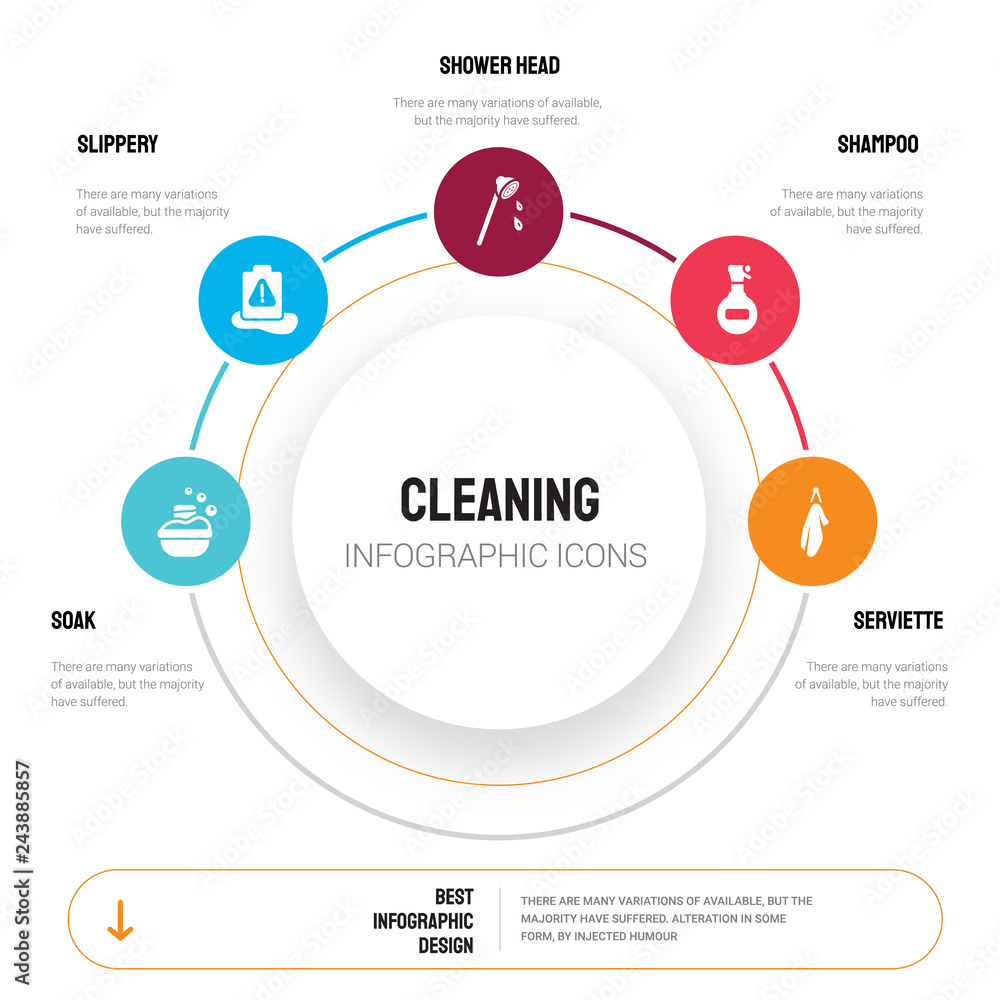 Abstract infographics of cleaning template. Soak, Slippery, Shower head ...