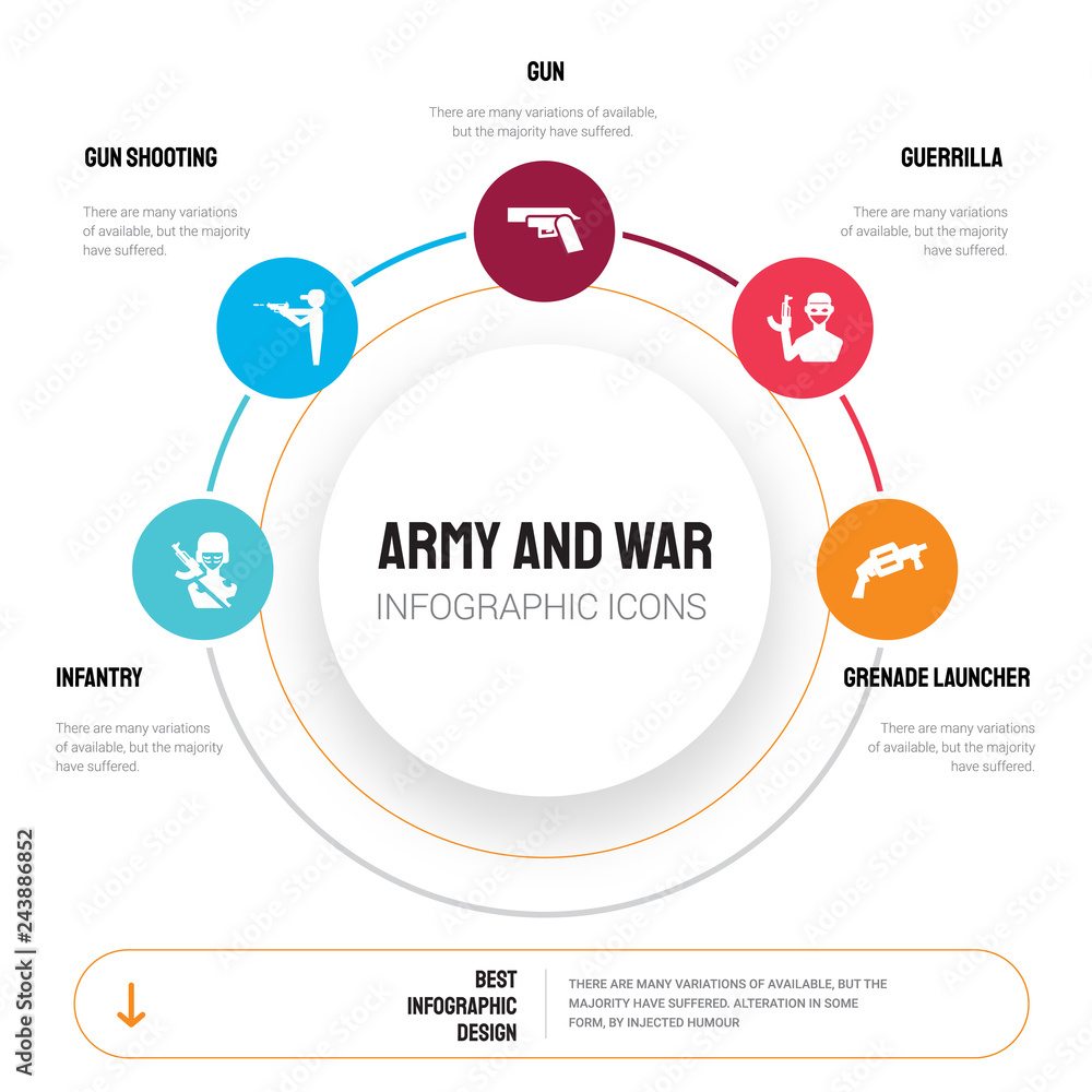 Abstract infographics of army and war template. Infantry, gun shooting ...