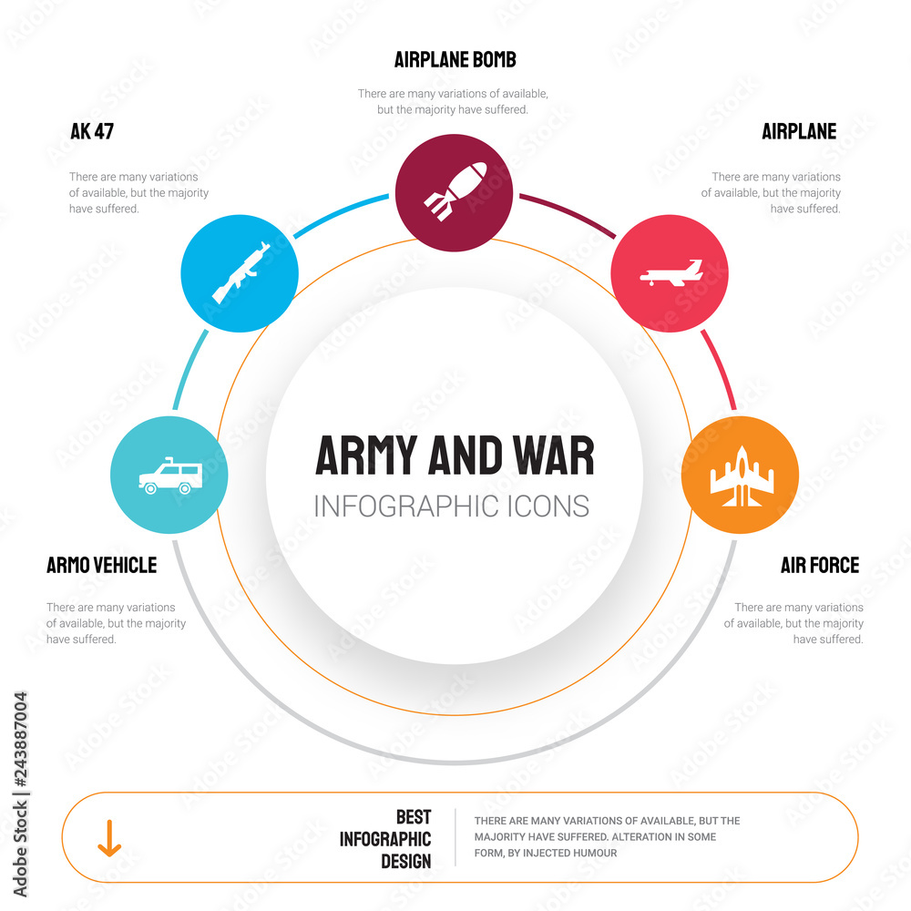 Abstract infographics of army and war template. Armo Vehicle, AK 47 ...