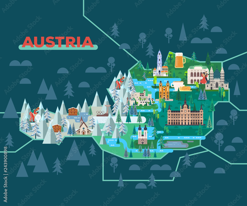 Travel map with landmarks of Austria. Stock Vector | Adobe Stock