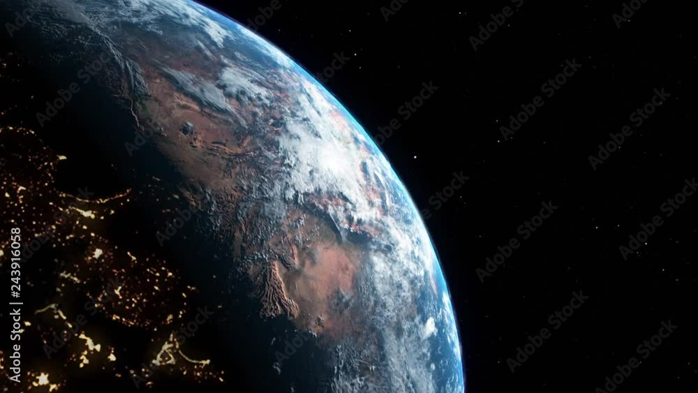 Realistic 3d animated rotating earth from space with visible lights ...