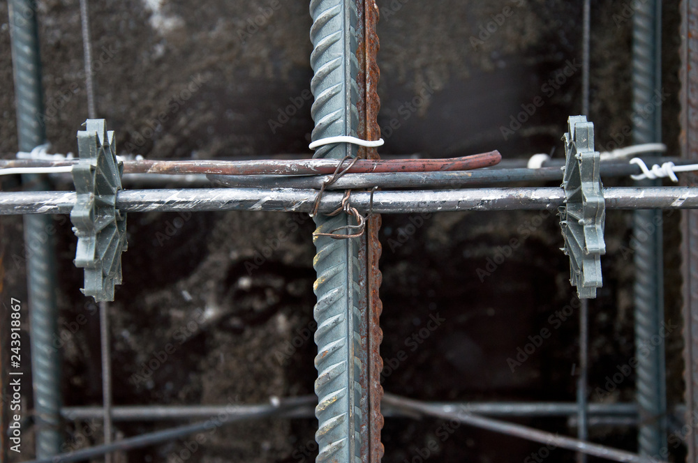 Column base building before pouring concrete. Brand new armature. Laid ...