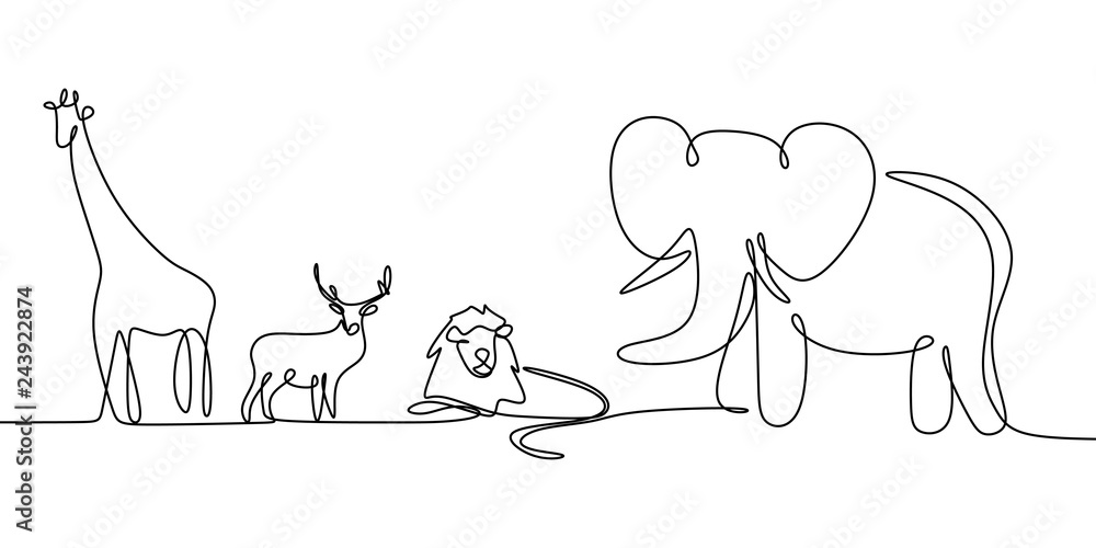 Animal continuous line drawing vector illustration with elephant, lion ...