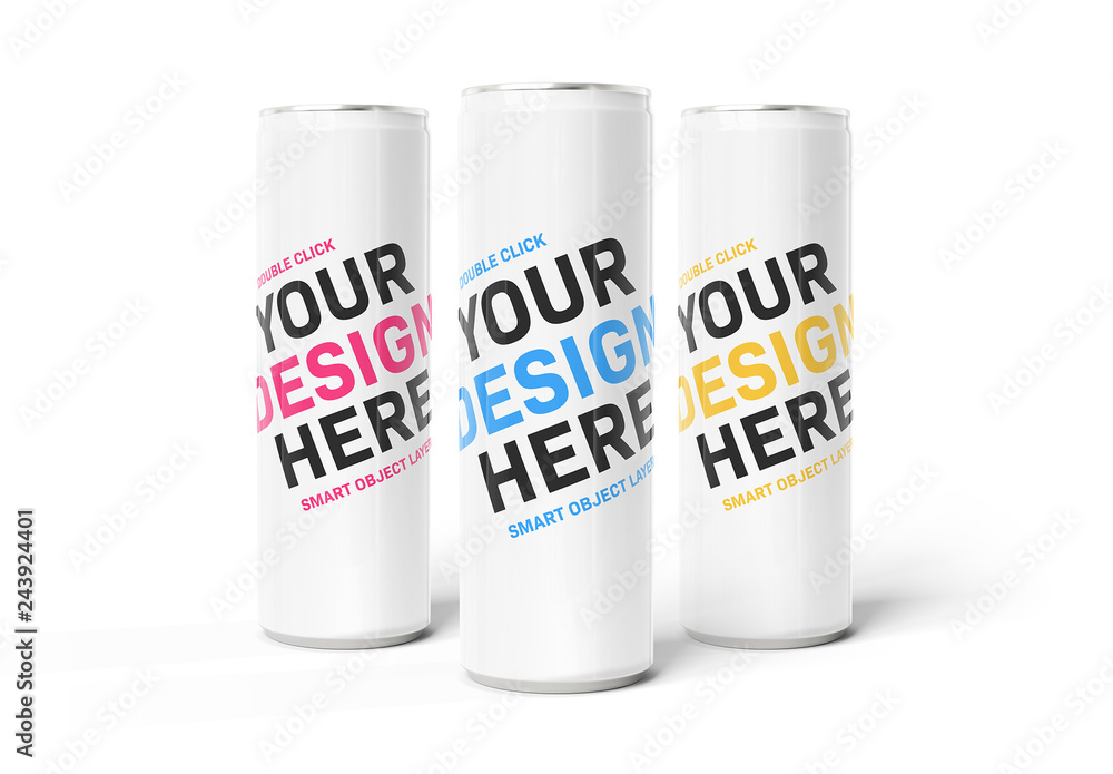 3 Slim Aluminum Cans Isolated on White Mockup Stock Template | Adobe Stock