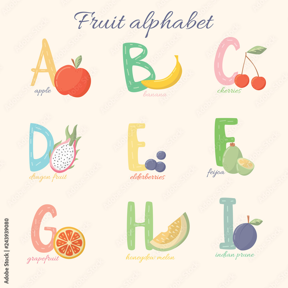 Fruit alphabet from A to I. Vector fruit alphabet. Colorful alphabet ...