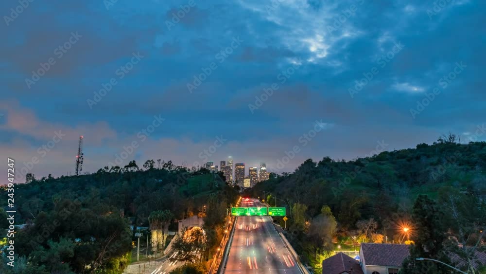 Time Lapse Dusk to Night Transition of 110 Freeway in Downtown LA -Zoom ...