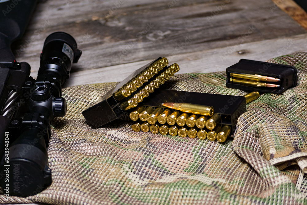 Tactical eqipment on the multicam background. Carbine, ammo in 308 win ...