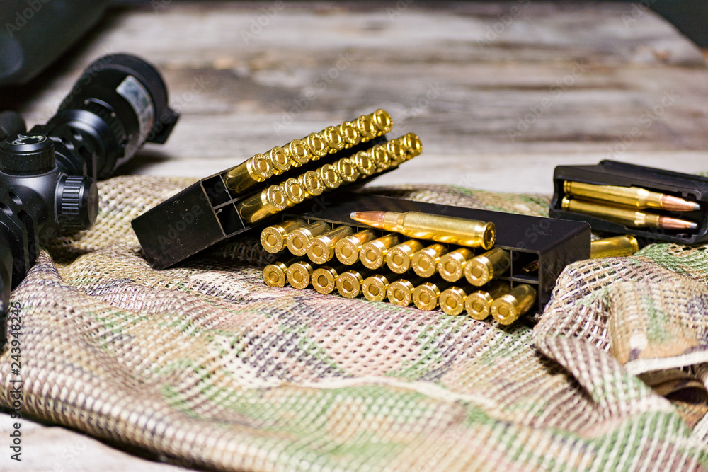 Tactical eqipment on the multicam background. Carbine, ammo in 308 win ...