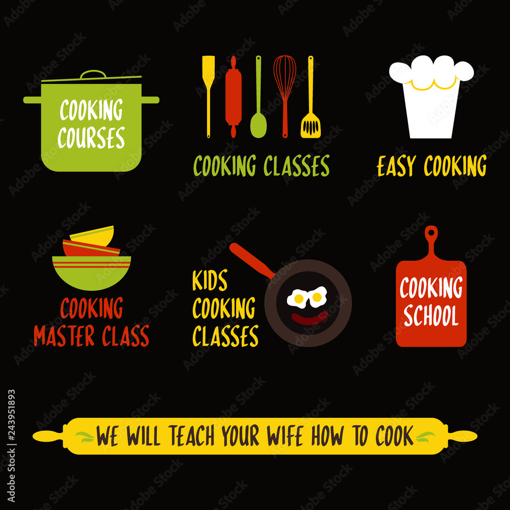 Cooking class design elements, colorful kitchen emblems, symbols, icons ...