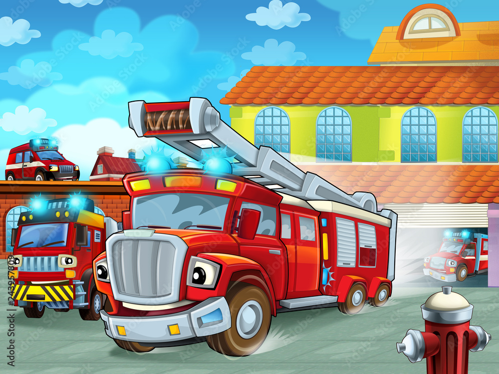 cartoon firetruck driving out of fire station to action - different ...