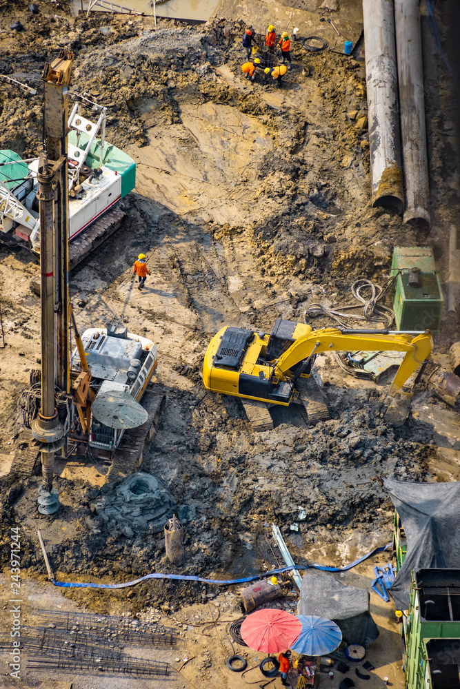 Aerial view of concrete bored pile foundation work on a construction ...