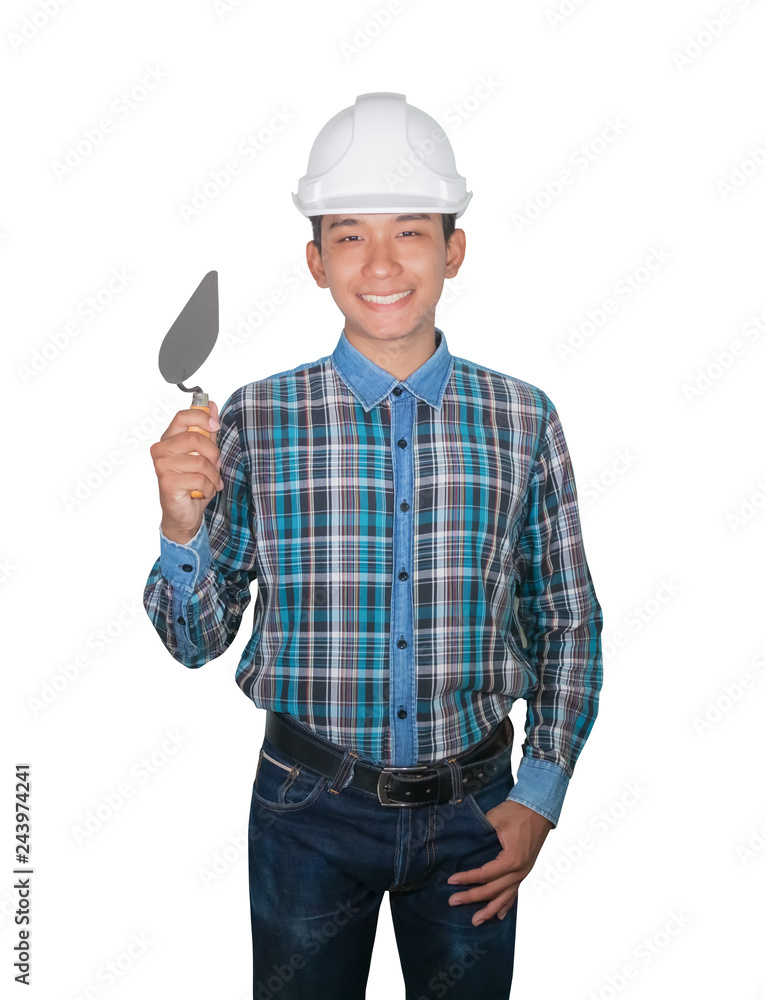 hand of engineer holding Triangle trowel and wear white safety helmet ...