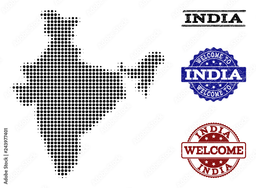 Welcome combination of halftone map of India and grunge seal stamps ...