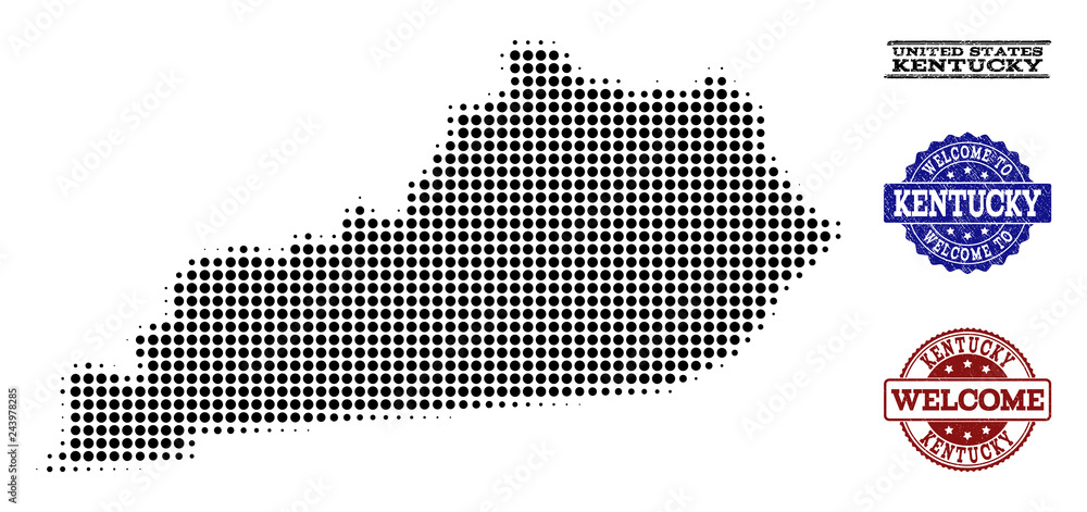 Welcome composition of halftone map of Kentucky State and corroded ...