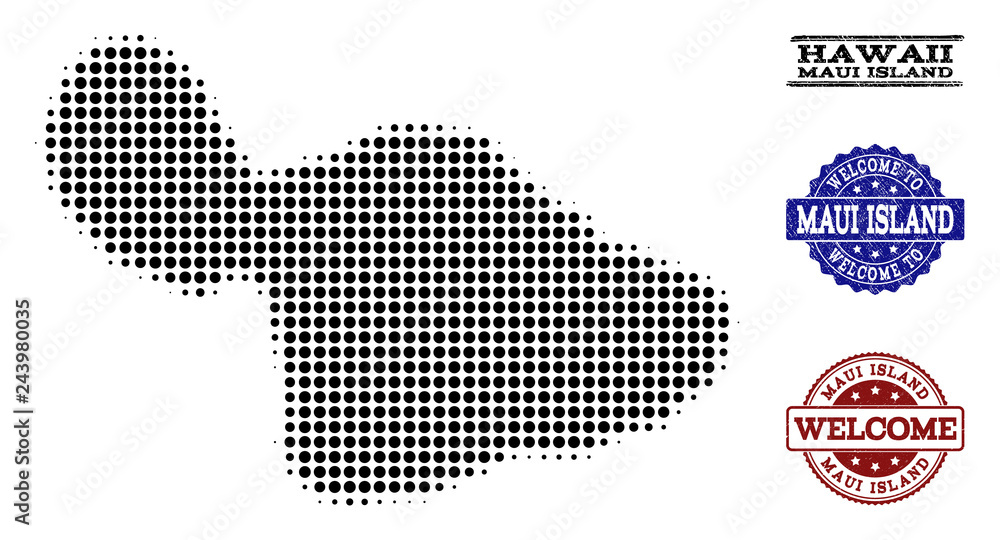 Welcome composition of halftone map of Maui Island and rubber seals ...