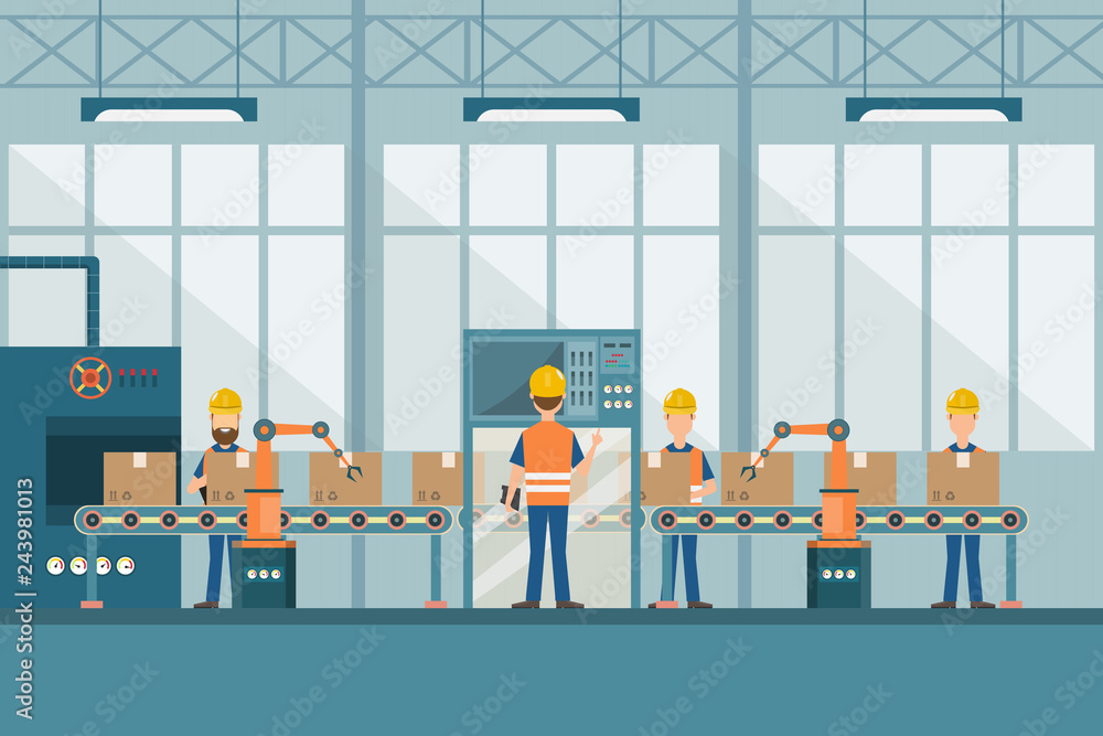 smart industrial factory in a flat style with workers, robots and ...