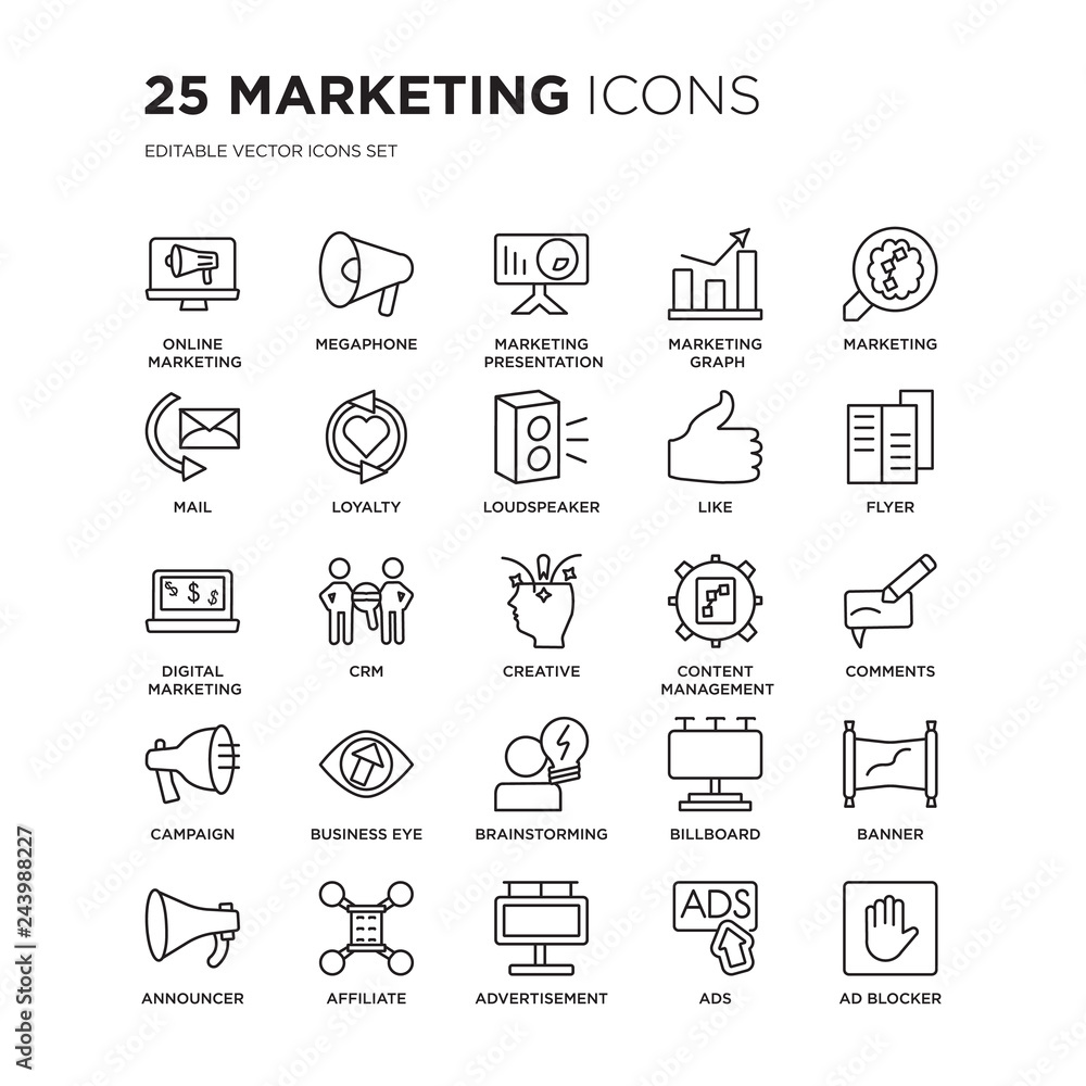 Set of 25 Marketing linear icons such as Online marketing, Megaphone ...