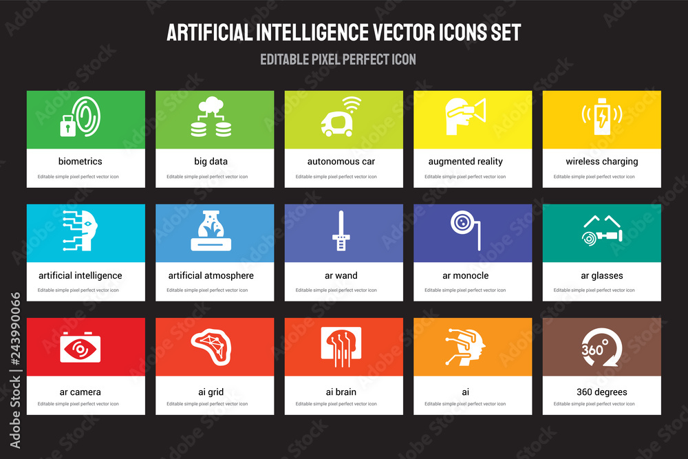 Set of 15 flat artificial intelligence icons - Biometrics, Big data, ai ...