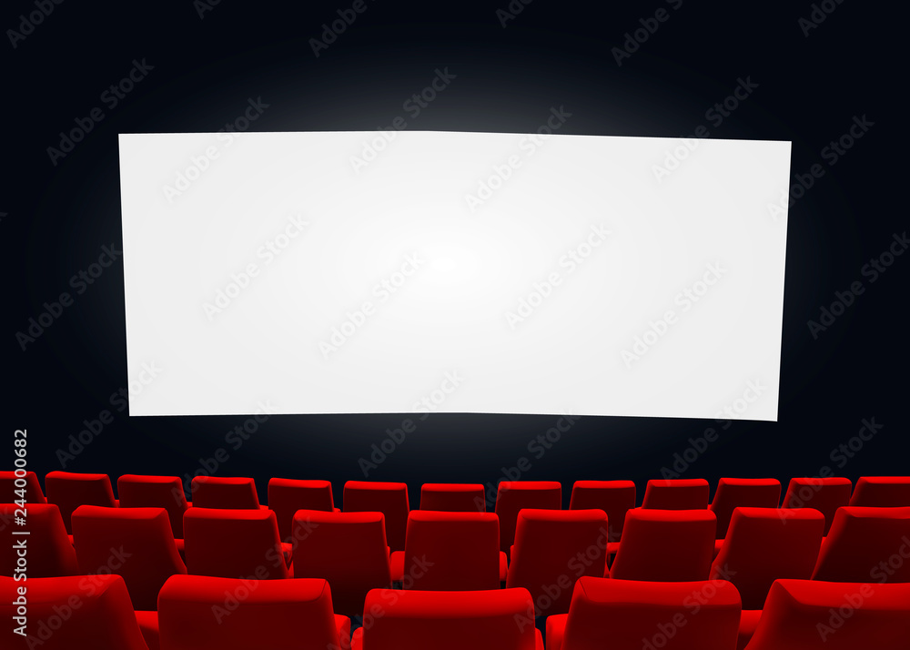 Cinema screen with red seats. Movie premiere poster design. Vector ...